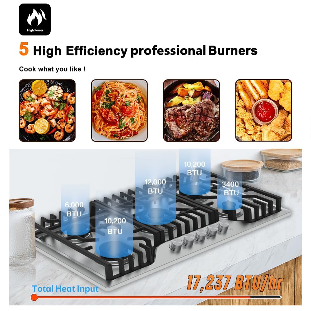 Gas Cooktop, 30 inch Bulit-in Gas Stove Top with 5 Burner,Five Burner Propane Cooktop with Thermocouple Protection, Stainless Steel