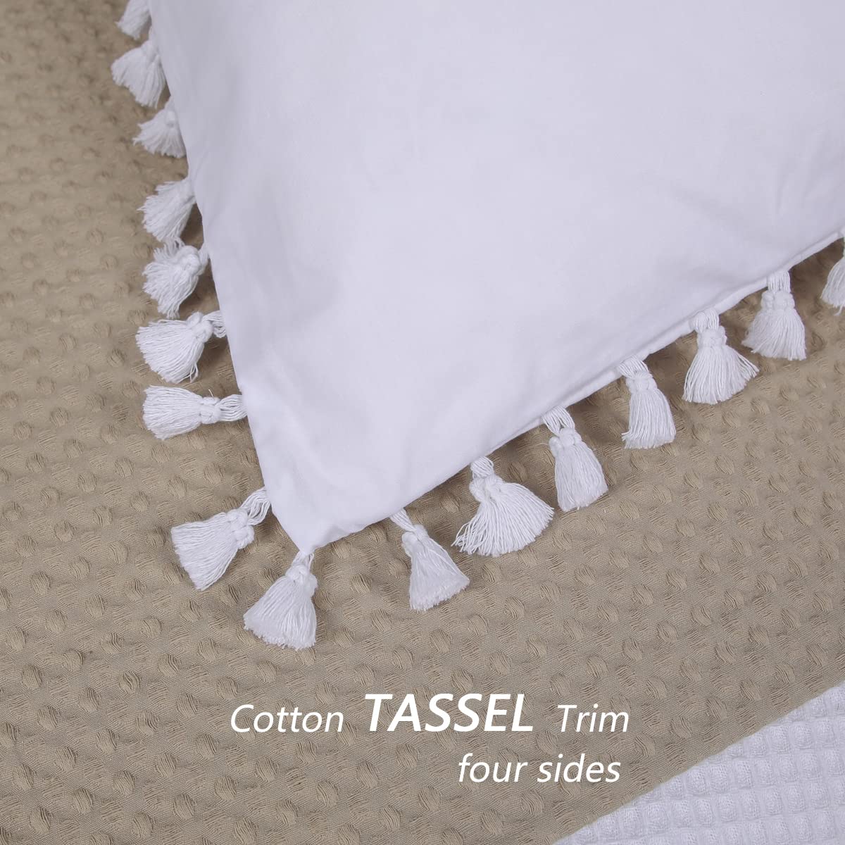 Boho Pillow Shams Set of 2 20x26 White Cotton with Hand-Made Tassel Zipper Closure for Bohemian Countryside Farmhouse Standard Size by JNG Kraftlab