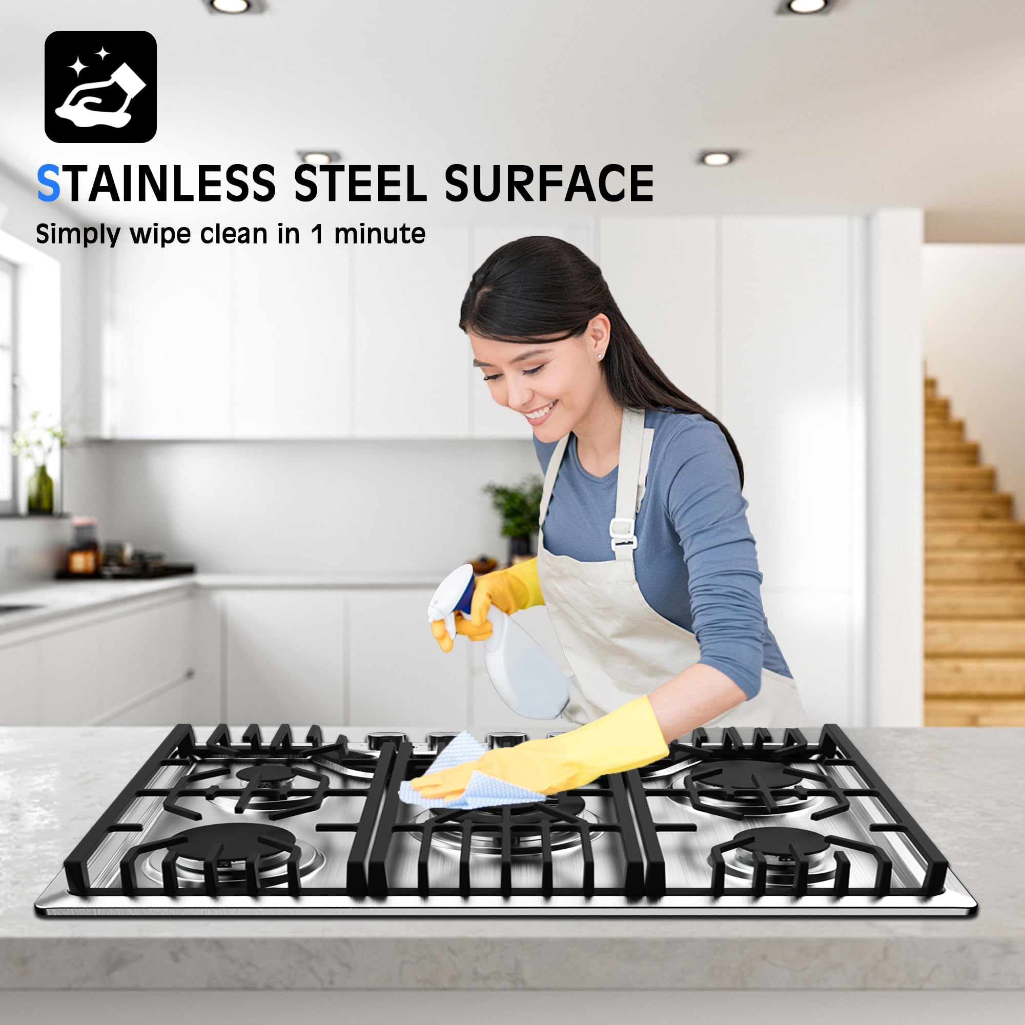 Gas Cooktop, 30 inch Bulit-in Gas Stove Top with 5 Burner,Five Burner Propane Cooktop with Thermocouple Protection, Stainless Steel