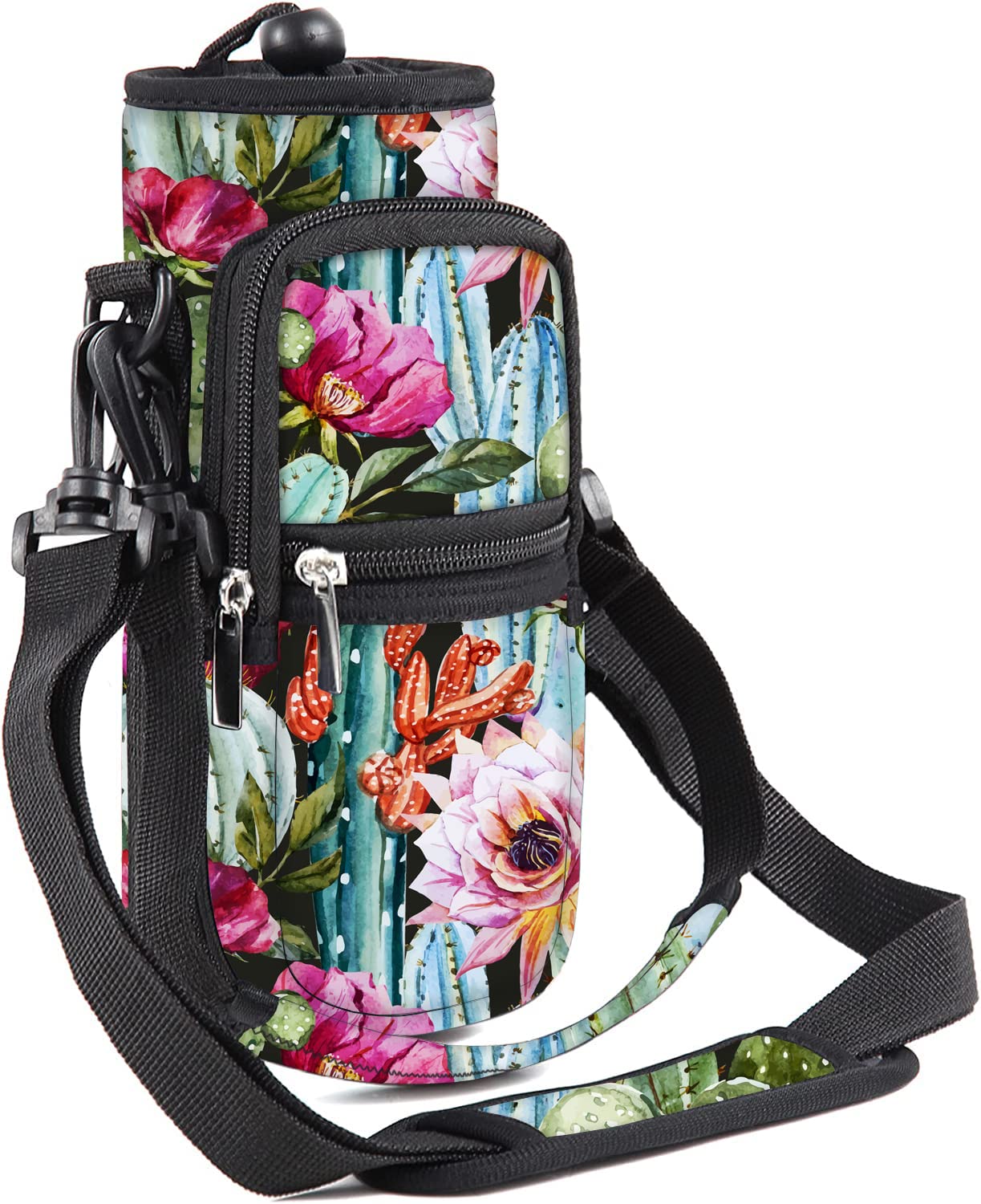 WINTOJO Neoprene Water Bottle Carrier Bag Holder 25oz 32oz 40oz 64oz Insulated Water Bottle Sling Sleeve Case Cover with Strap Pockets for Men Women Walking Hiking Running (32oz, cactus)