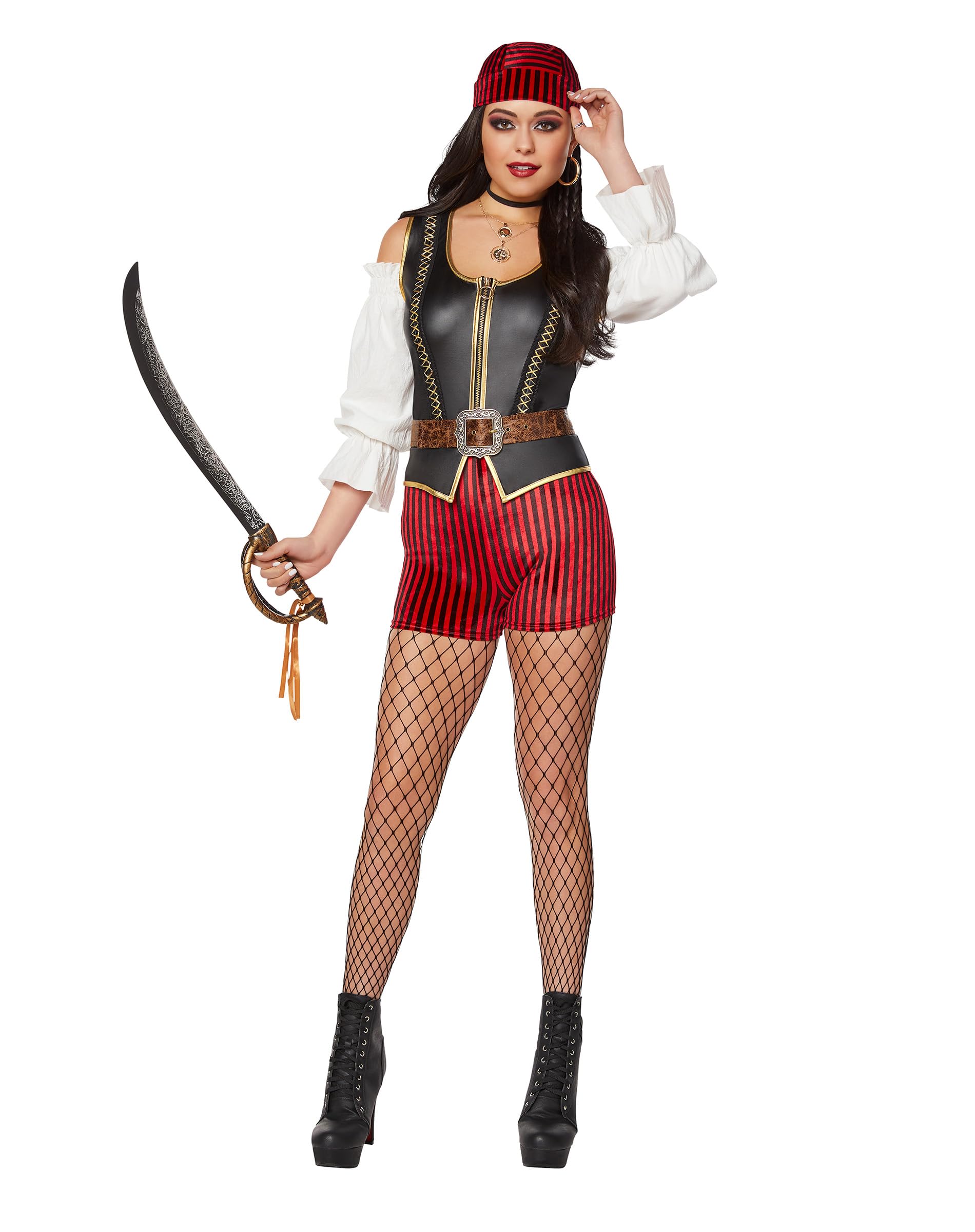 Spirit Halloween Adult Pirate Romper Costume - S | Pirate Outfit | Romper Style Costume with Headpiece and Belt