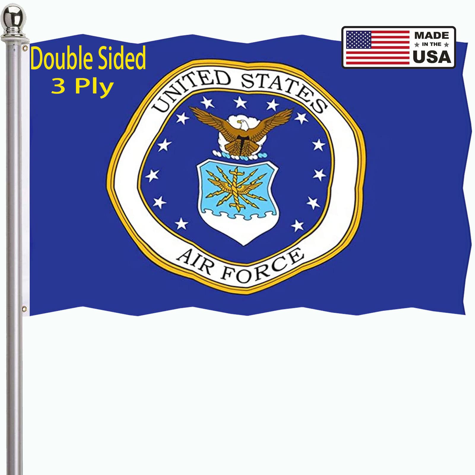 Air Force Crest Emblem Flag 3x5 Outdoor Double Sided 3 Ply- US Coat of Arms Military USAF Flags-Vivid Color Clear Pattern Reinforcement Sewing Durable Polyester with 2 Brass Grommets