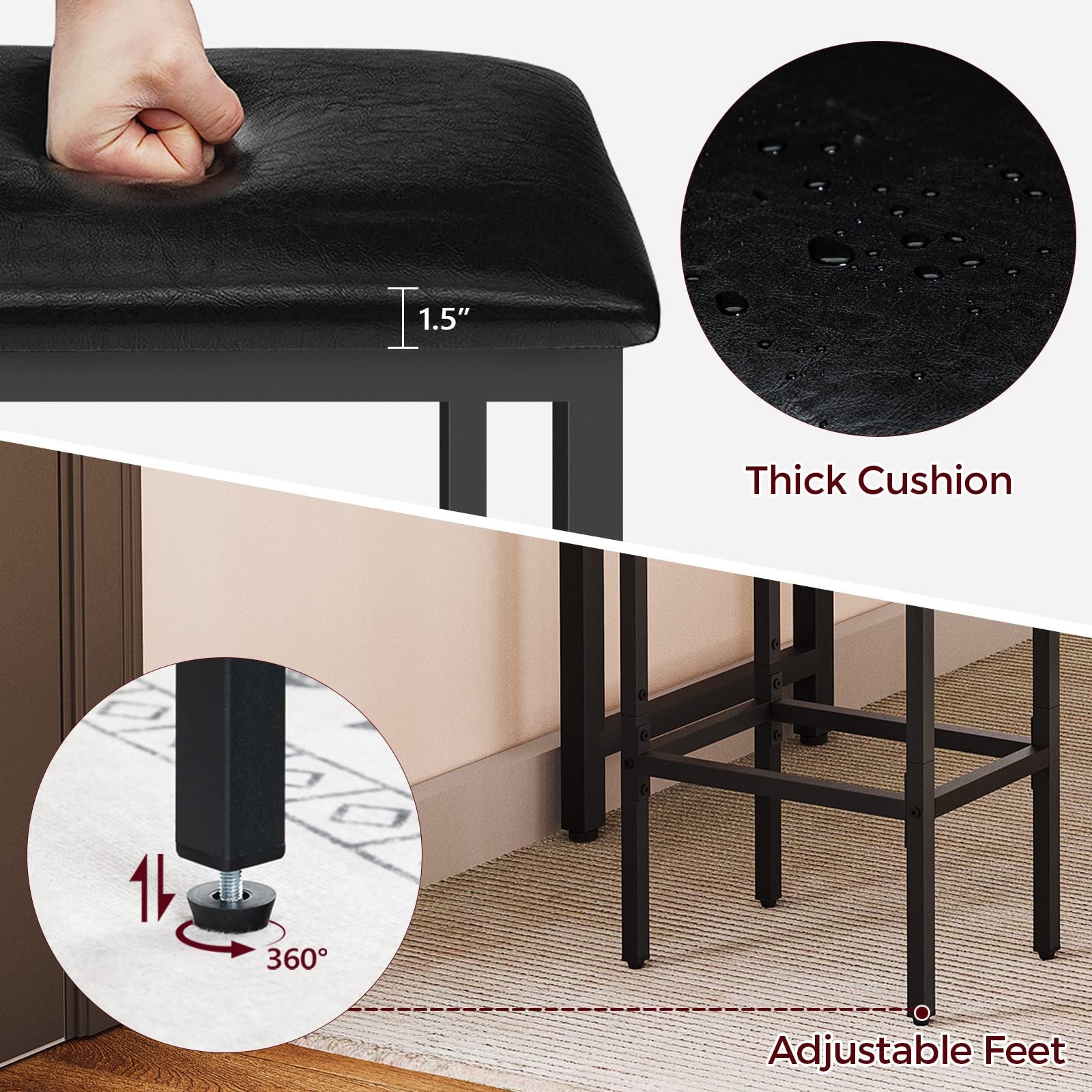 MAHANCRIS Bar Stools, Set of 2 PU Upholstered Breakfast Stools, 2-Piece Bar Chairs, 26.8-Inch Height, Rectangular Industrial Bar Stools, for Dining Room, Kitchen, Counter Bar, Black BAHB01R01