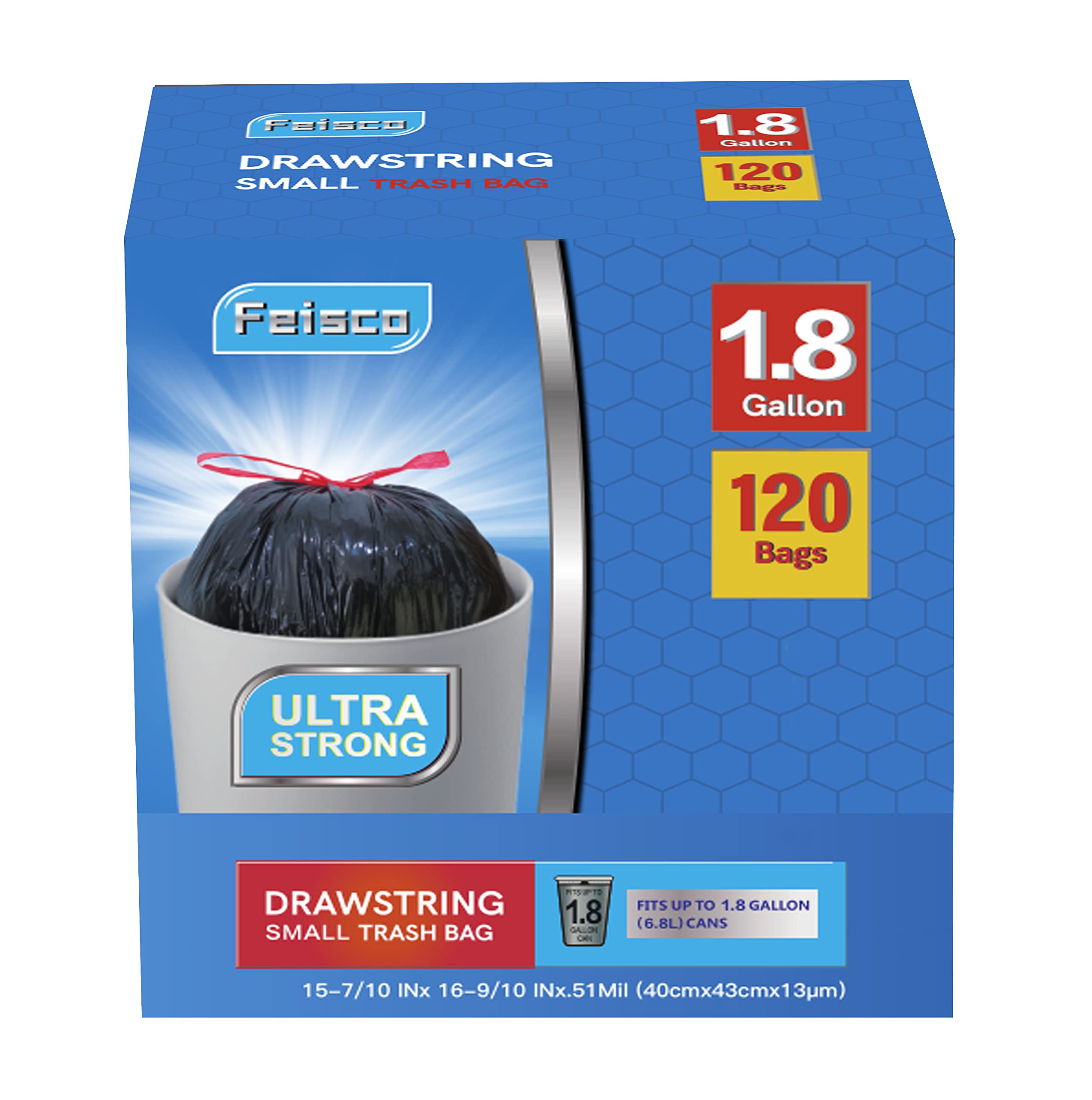 Feisco 1.8 Gallon Black Trash Bag,Small Drawstring Garbage Bag Trash Can Liner,120 Counts,0.51 Mil