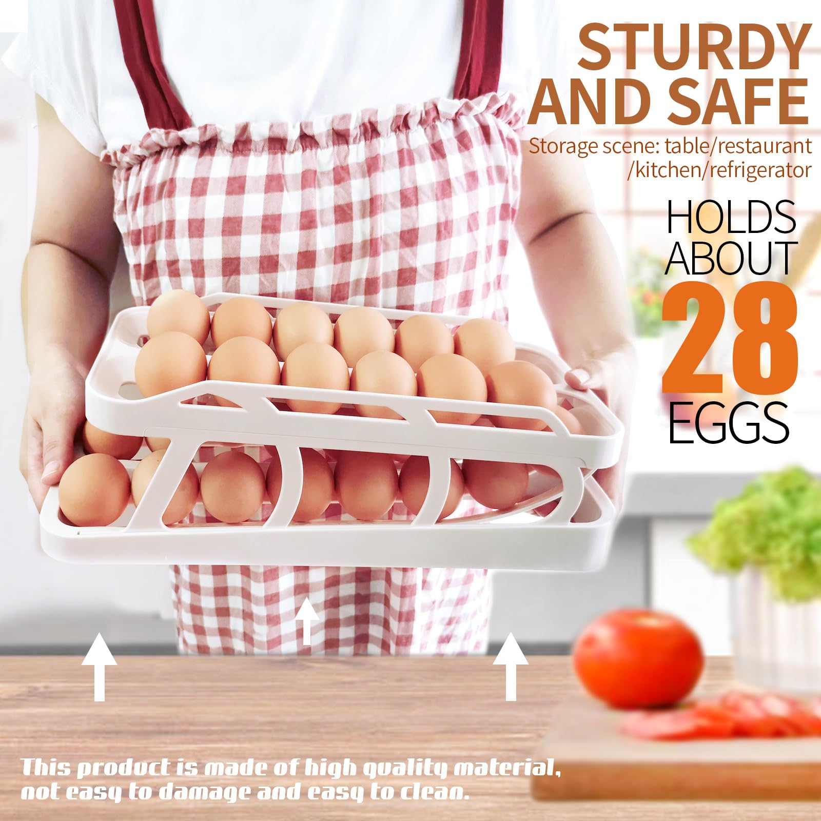 TUSGENK Egg Holder for Fridge, Automatic Rolling Egg Organizer Storage for Refrigerator, 2 Rows Space-Saving Eggs Dispenser, Large Capacity 28 Eggs Container & Tray for Kitchen (2 Layer,White)