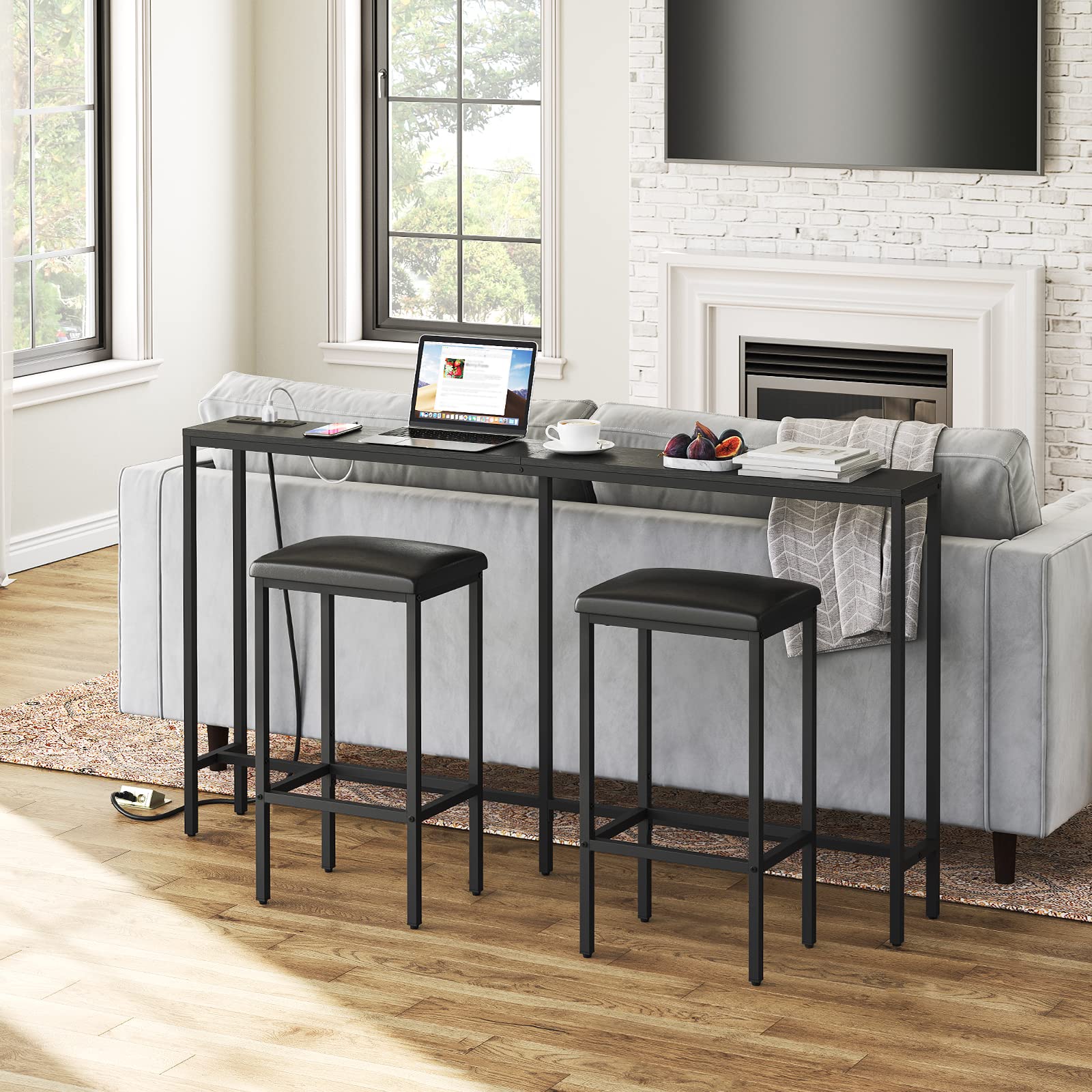 MAHANCRIS Bar Stools, Set of 2 PU Upholstered Breakfast Stools, 2-Piece Bar Chairs, 26.8-Inch Height, Rectangular Industrial Bar Stools, for Dining Room, Kitchen, Counter Bar, Black BAHB01R01