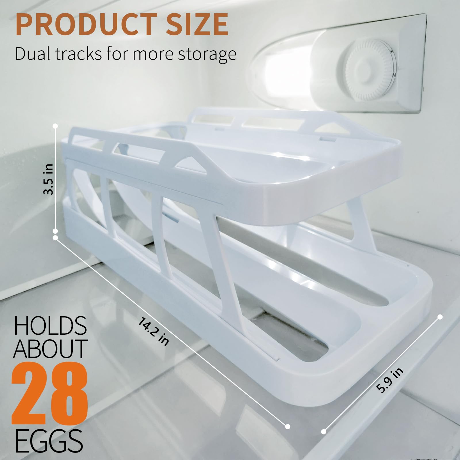 TUSGENK Egg Holder for Fridge, Automatic Rolling Egg Organizer Storage for Refrigerator, 2 Rows Space-Saving Eggs Dispenser, Large Capacity 28 Eggs Container & Tray for Kitchen (2 Layer,White)