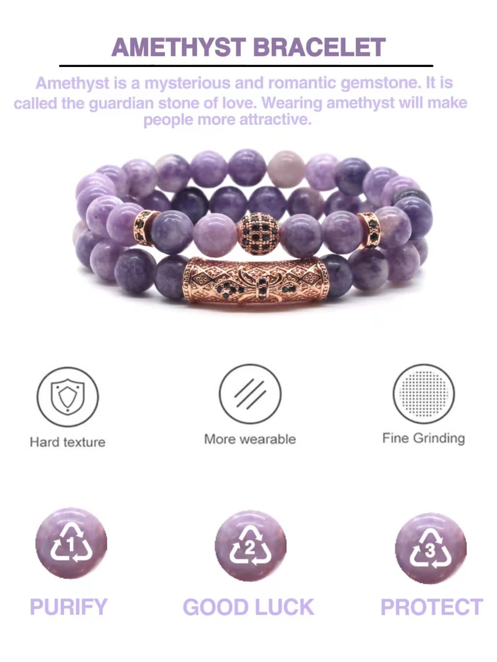 Amethyst Bracelet, Handmade Beaded 8MM Healing Crystal Beads,Stretchable Stretch Bracelet,Protection Bracelet,Yoga Chakra Bracelet,Bring Good Luck, Prosperity and Happiness,Women's Gifts
