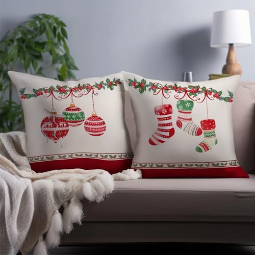 Cryfox Merry Christmas Pillow Covers 18x18 Set of 2 Winter Christmas Ball Ornament Stocking Pillow Cases Cotton Pillowcase Christmas Art Decor Throw Pillow Covers Standard Size for Couch Bed Sofa