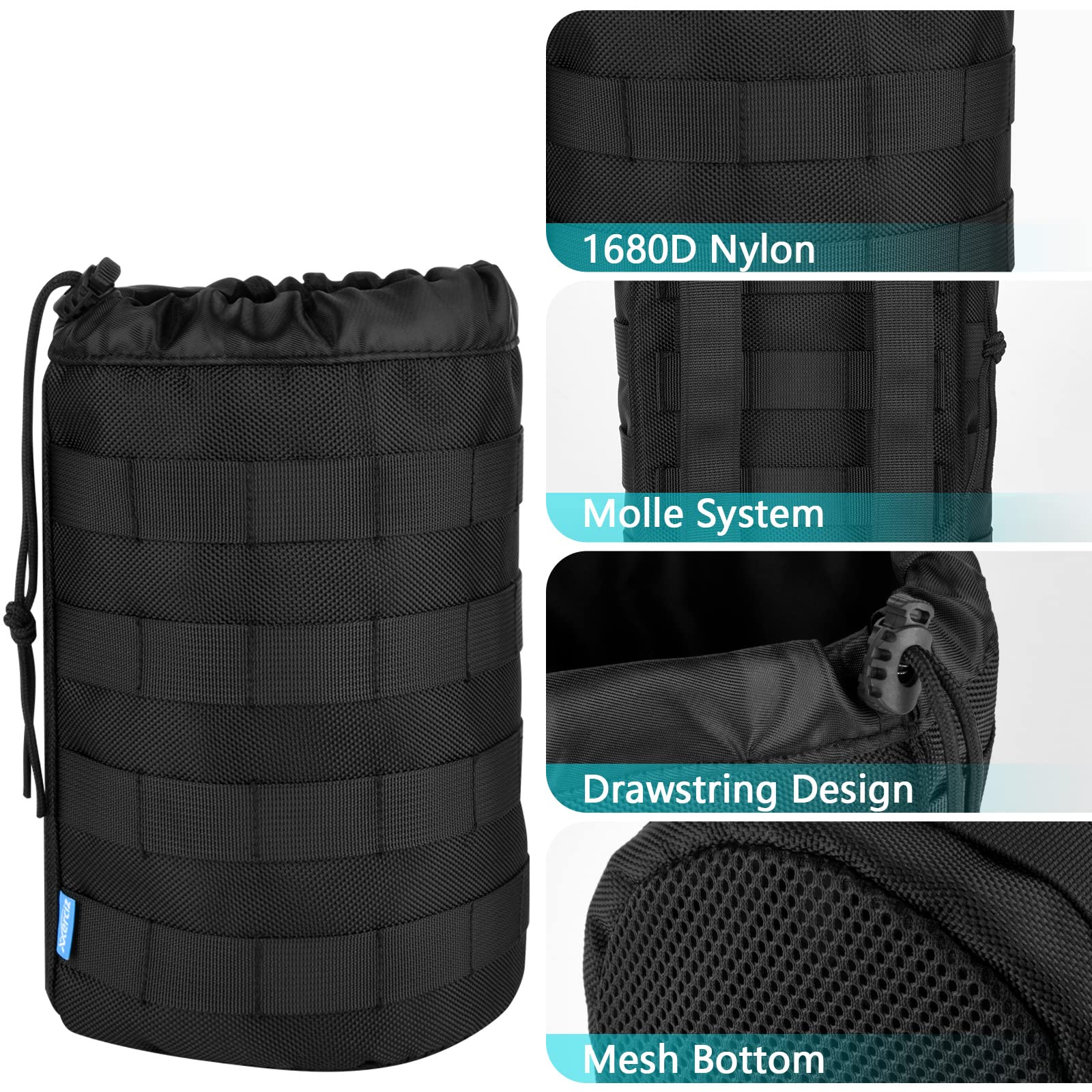 Xxerciz Water Bottle Holder Molle Pouch, Tactical Pouches Water Bottle Carrier Sports Water Bottles Pouch Bag for Walking, with Drawstring Open Top & Mesh Bottom