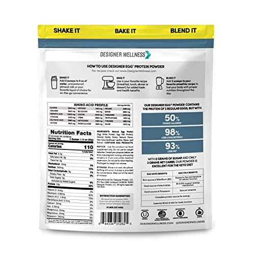 Designer Wellness, Designer Egg, Natural Egg Yolk & Egg White Protein Powder, Keto and Paleo Friendly, Low Calorie, Less Fat and Cholesterol, Classic Vanilla, 1.55 Pound