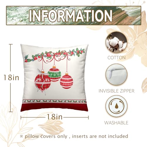 Cryfox Merry Christmas Pillow Covers 18x18 Set of 2 Winter Christmas Ball Ornament Stocking Pillow Cases Cotton Pillowcase Christmas Art Decor Throw Pillow Covers Standard Size for Couch Bed Sofa