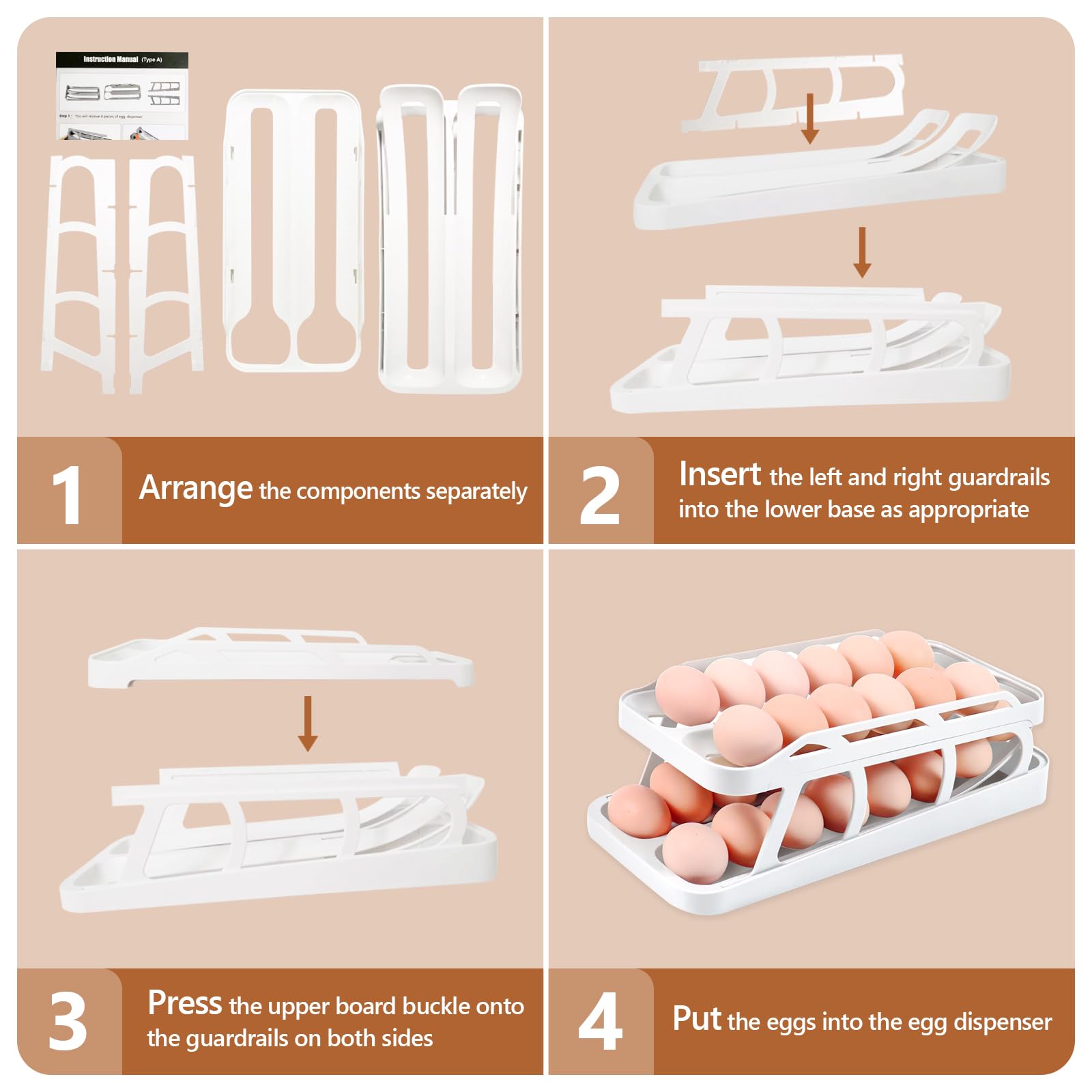 TUSGENK Egg Holder for Fridge, Automatic Rolling Egg Organizer Storage for Refrigerator, 2 Rows Space-Saving Eggs Dispenser, Large Capacity 28 Eggs Container & Tray for Kitchen (2 Layer,White)