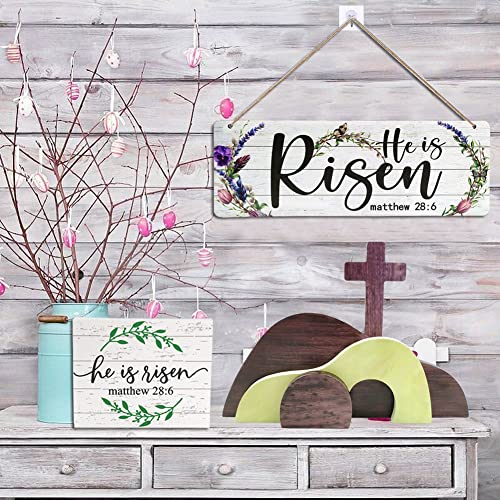 Ahzemepinyo Easter Resurrection Scene Set He is Risen Wooden Tabletop Centerpieces Decorations The Tomb was Empty Signs for Jesus Easter Home Holiday Table Décor