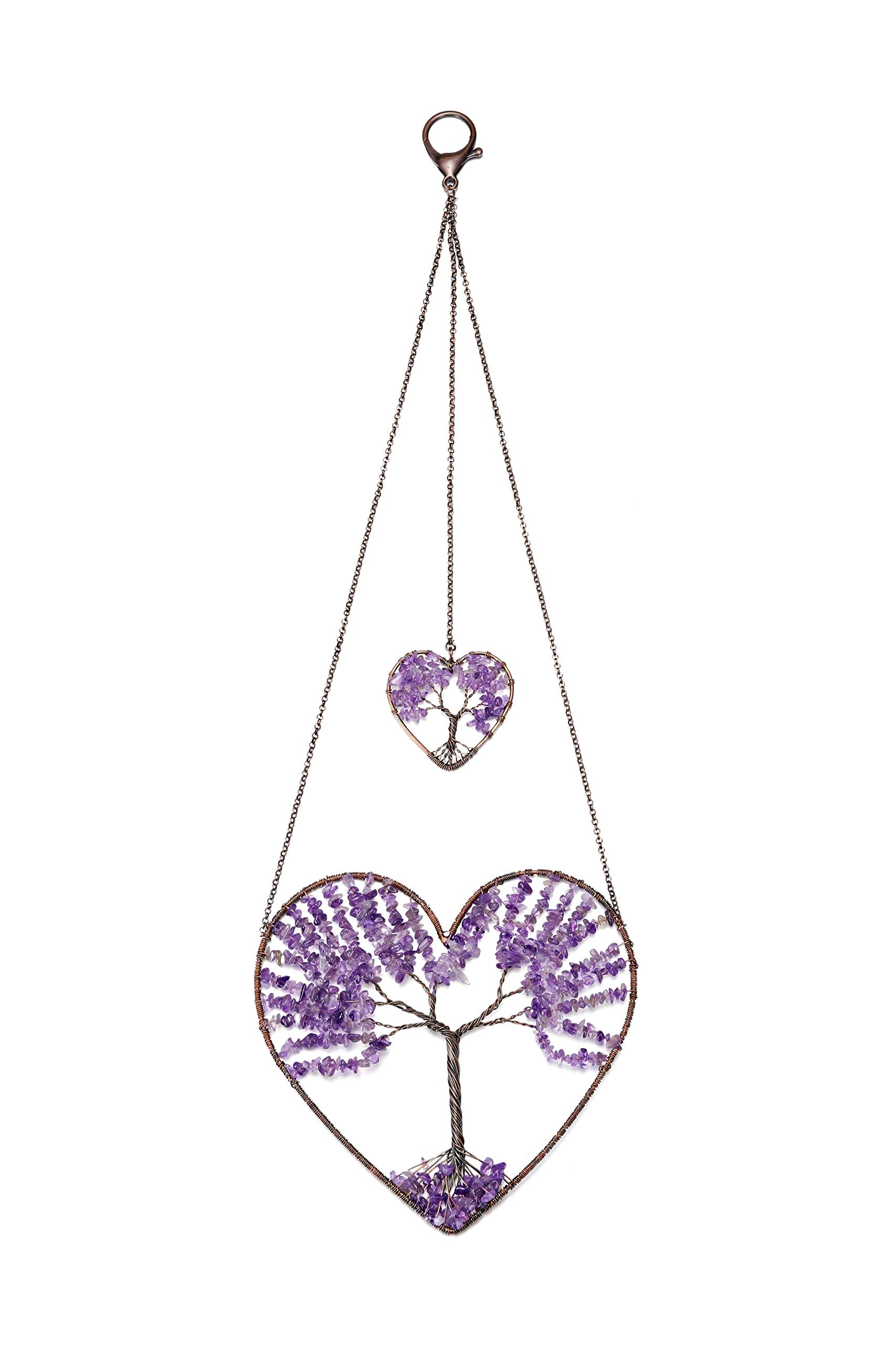 Jovivi Tree of Life Feng Shui Crystal Heart Hanging Ornament Amethyst Gemstones Healing Stones Yoga Meditation Window Wall Hanger for Home Wedding Decor