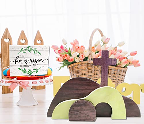 Ahzemepinyo Easter Resurrection Scene Set He is Risen Wooden Tabletop Centerpieces Decorations The Tomb was Empty Signs for Jesus Easter Home Holiday Table Décor