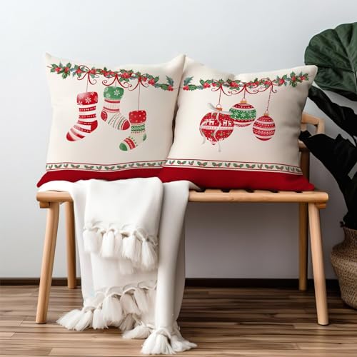 Cryfox Merry Christmas Pillow Covers 18x18 Set of 2 Winter Christmas Ball Ornament Stocking Pillow Cases Cotton Pillowcase Christmas Art Decor Throw Pillow Covers Standard Size for Couch Bed Sofa