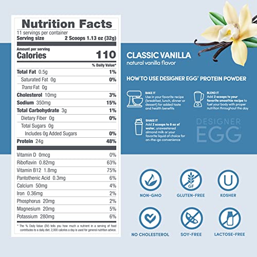 Designer Wellness, Designer Egg, Natural Egg Yolk & Egg White Protein Powder, Keto and Paleo Friendly, Low Calorie, Less Fat and Cholesterol, Classic Vanilla, 1.55 Pound