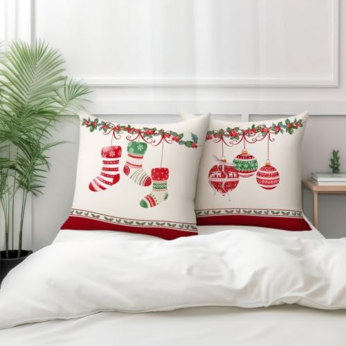 Cryfox Merry Christmas Pillow Covers 18x18 Set of 2 Winter Christmas Ball Ornament Stocking Pillow Cases Cotton Pillowcase Christmas Art Decor Throw Pillow Covers Standard Size for Couch Bed Sofa