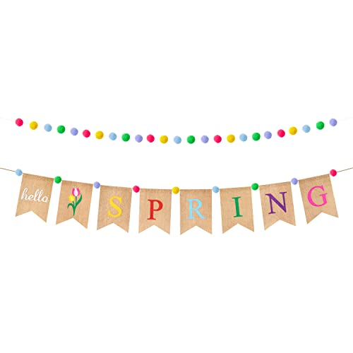 WATINC 2pcs Hello Spring Burlap Banner Pom Pom Garland Set, Happy Spring Bunting Garland with Flower, Rustic Spring Theme Party Banner Hanging Decorations for Mantle Fireplace Home Wall Decor Supplies