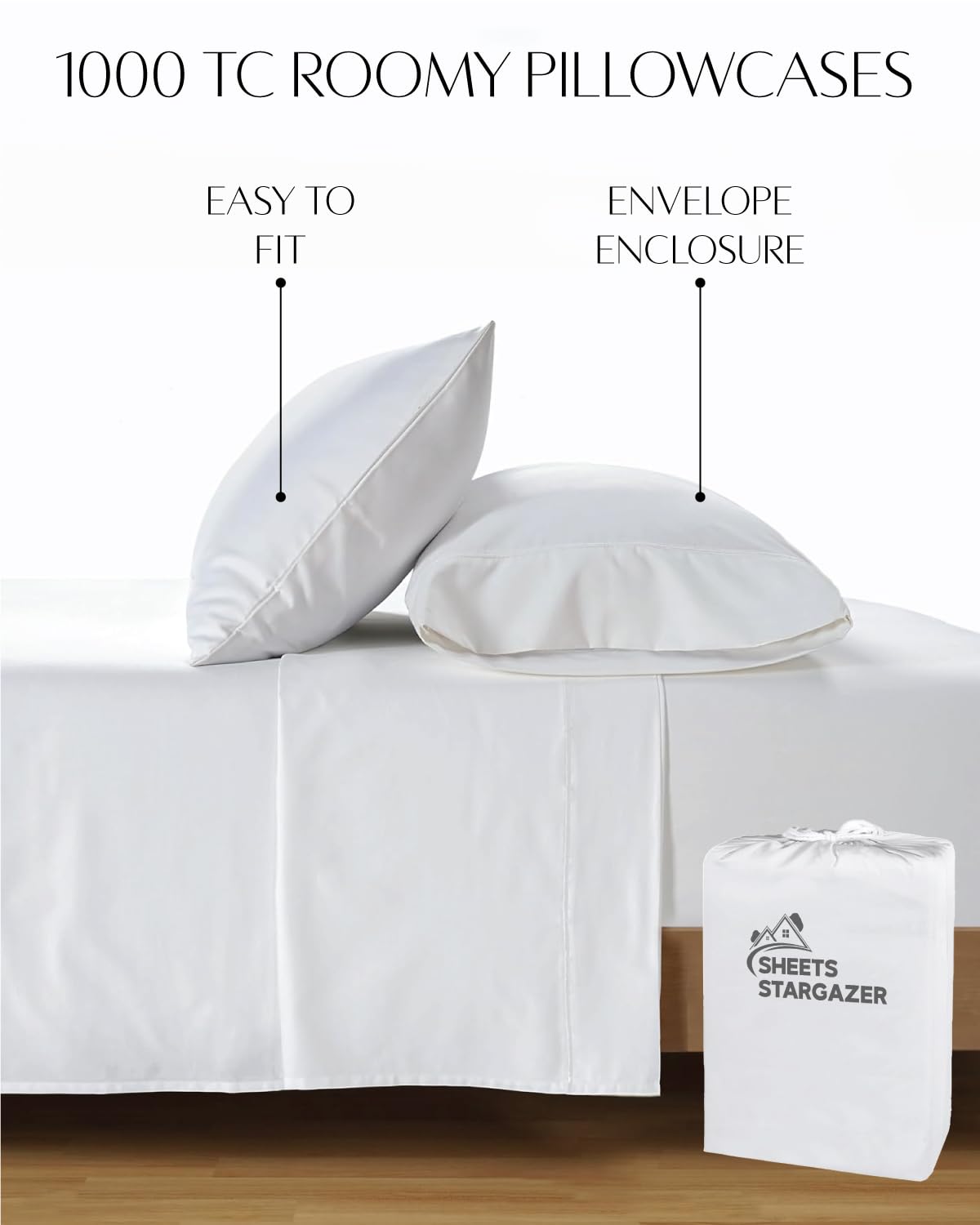 1000 Thread Count 100% Egyptian Cotton Pillow Cases, Set of 4 Pillowcase, Long-Staple 100% Cotton Breathable, Soft Sateen Weave Bed Pillow Cover, 20 X 40 Inches Pillowcases White King Size