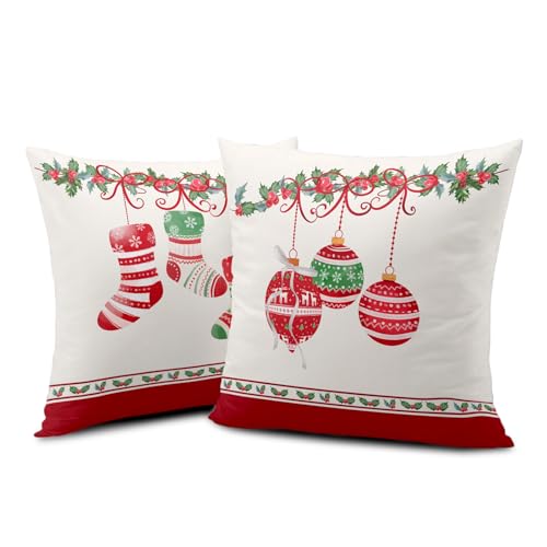 Cryfox Merry Christmas Pillow Covers 18x18 Set of 2 Winter Christmas Ball Ornament Stocking Pillow Cases Cotton Pillowcase Christmas Art Decor Throw Pillow Covers Standard Size for Couch Bed Sofa