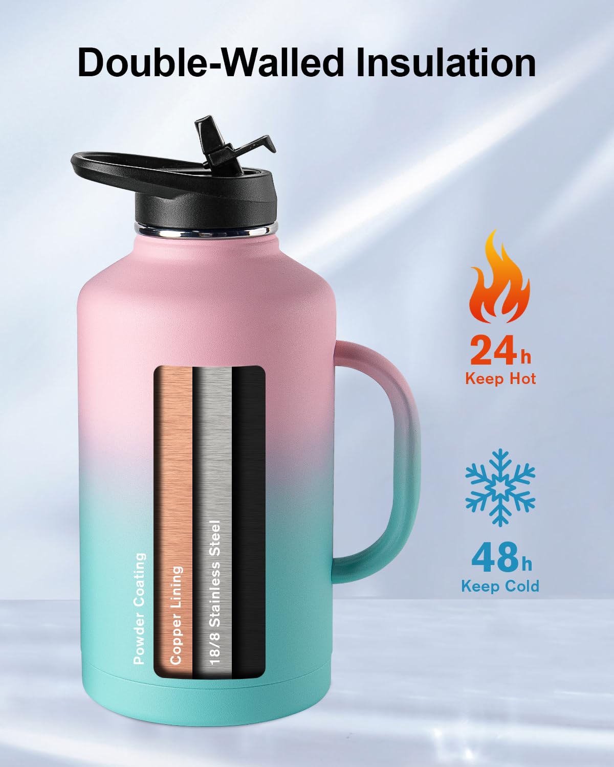 Trebo 64oz Water Bottle Insulated with Straw &2 Lids, Half Gallon Double Wall Vacuum Stainless Steel Metal Large Jug with Handle, Wide Mouth Coffee Flask Mug with Carry Pouch, Keep Cold Hot, Pink