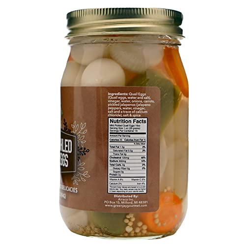 Green Jay Gourmet Mild Pickled Quail Eggs in a Jar – Fresh Hand Jarred for Cooking & Pantry – Mild Flavor - Simple Natural Ingredients - 16 Ounce Jar