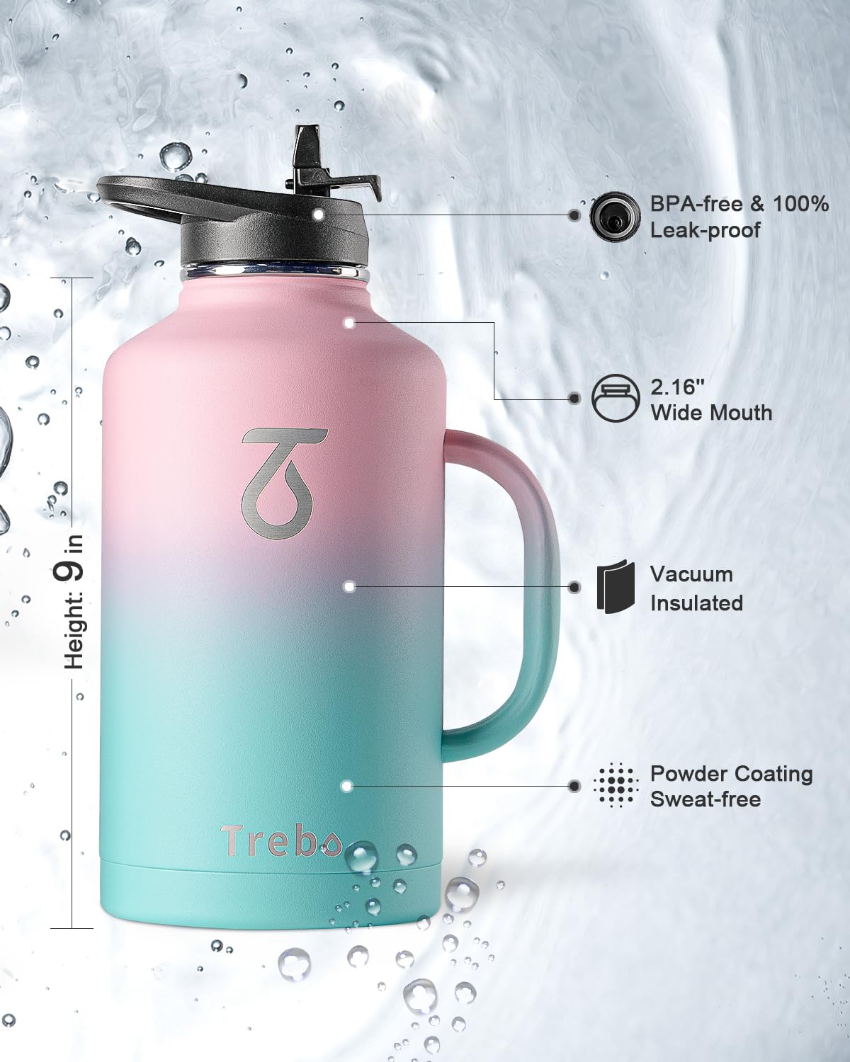 Trebo 64oz Water Bottle Insulated with Straw &2 Lids, Half Gallon Double Wall Vacuum Stainless Steel Metal Large Jug with Handle, Wide Mouth Coffee Flask Mug with Carry Pouch, Keep Cold Hot, Pink