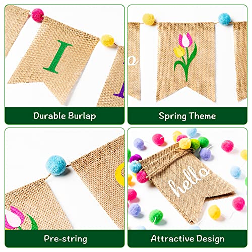 WATINC 2pcs Hello Spring Burlap Banner Pom Pom Garland Set, Happy Spring Bunting Garland with Flower, Rustic Spring Theme Party Banner Hanging Decorations for Mantle Fireplace Home Wall Decor Supplies