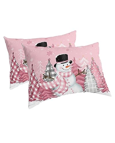 Pink Snowman Pillowcases Standard Size Christmas Pillow Covers Set of 2, Soft Snowflake Winter Throw Pillow Case with Envelope Closure Xmas Tree Decorative Bed Pillow Shams for Bedroom Sofa Couch