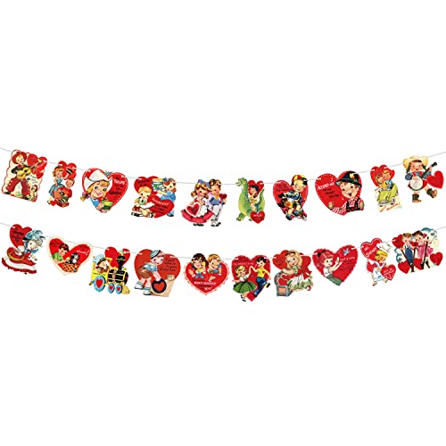 2Pcs Valentine's Day Decorations Vintage Style Hanging Banner Garland, 20 Styles Patterns Hanging Cards Banner with Rope, Valentine Party Supplies Decorations for Wedding Anniversary Engagement Decor