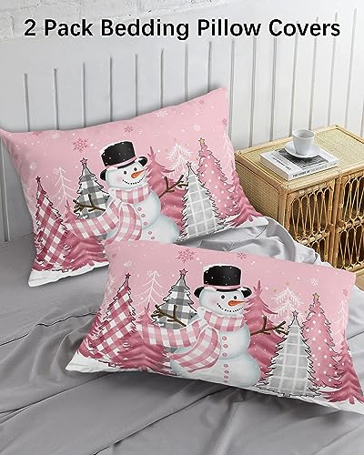 Pink Snowman Pillowcases Standard Size Christmas Pillow Covers Set of 2, Soft Snowflake Winter Throw Pillow Case with Envelope Closure Xmas Tree Decorative Bed Pillow Shams for Bedroom Sofa Couch