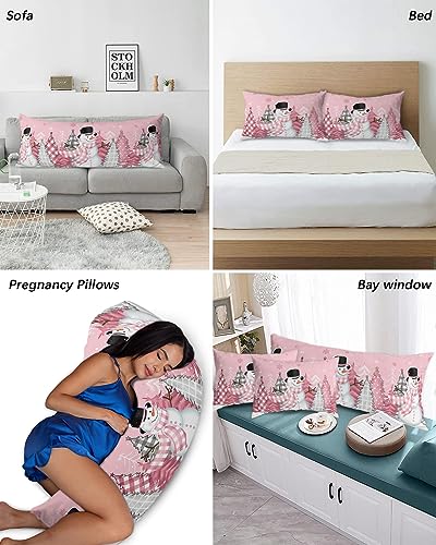 Pink Snowman Pillowcases Standard Size Christmas Pillow Covers Set of 2, Soft Snowflake Winter Throw Pillow Case with Envelope Closure Xmas Tree Decorative Bed Pillow Shams for Bedroom Sofa Couch