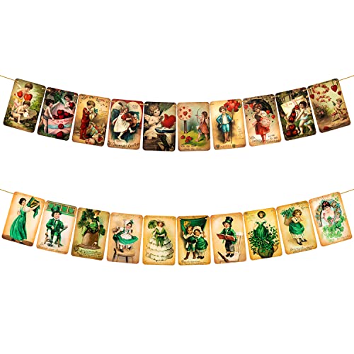 2 Vintage Style St. Patricks Day Hanging Banner, Party Supplies Old Style Hanging Garland Ornaments Cupid Clover Decorations, Traditional Irish Day Sign for Holiday Party Home Wall Window Decor