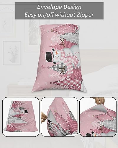 Pink Snowman Pillowcases Standard Size Christmas Pillow Covers Set of 2, Soft Snowflake Winter Throw Pillow Case with Envelope Closure Xmas Tree Decorative Bed Pillow Shams for Bedroom Sofa Couch