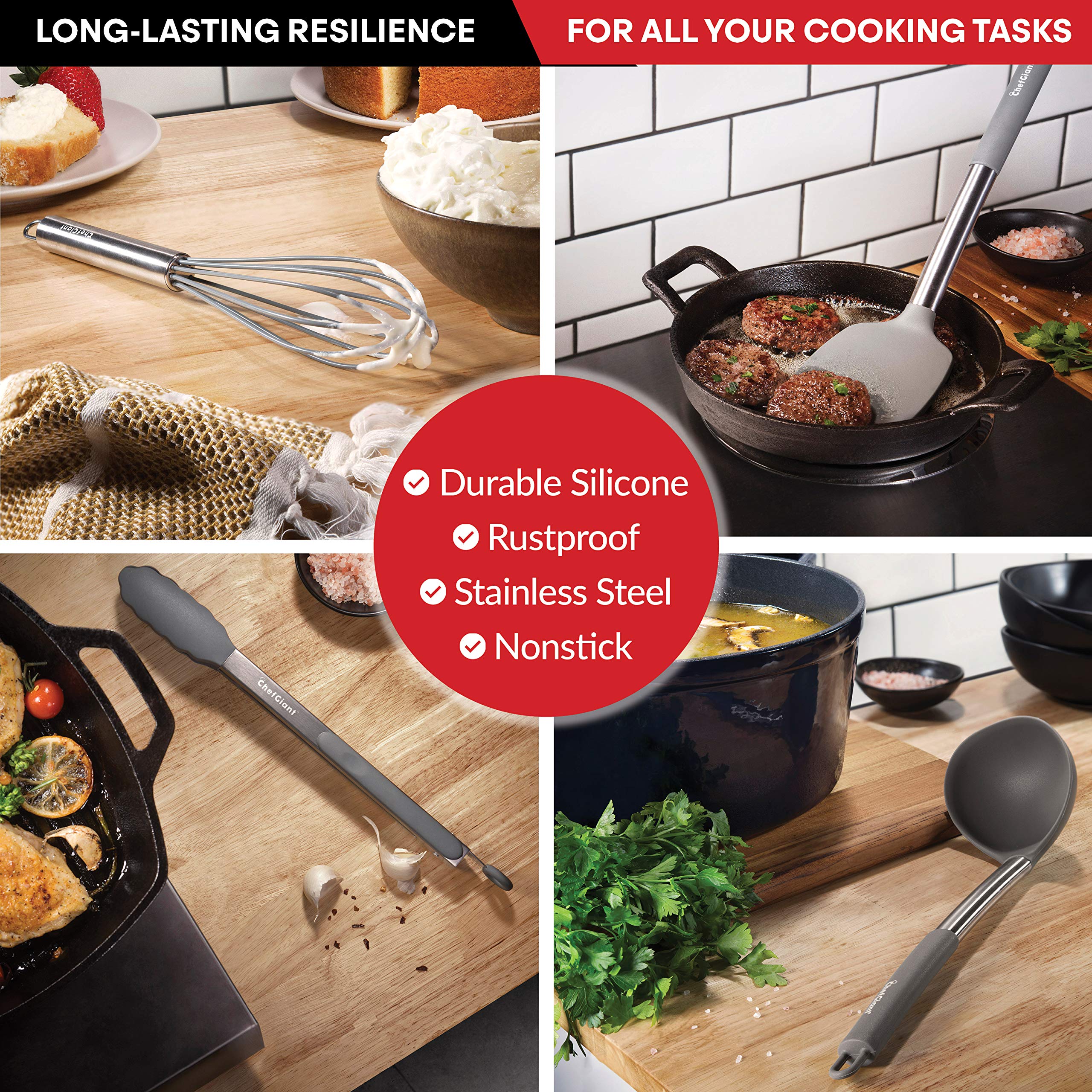 Silicone Cooking Utensils Set - Stainless Steel Handle, 15 Piece Kitchen Utensil Sets | Nonstick, Heat Resistant, BPA Free & Dishwasher Safe | Grey