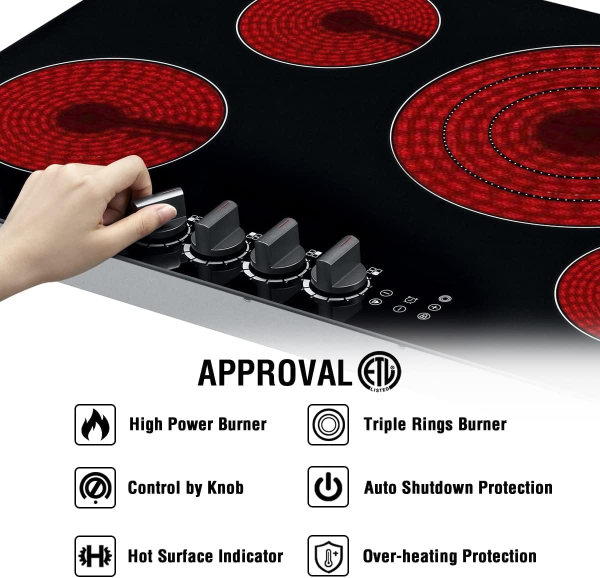 ECOTOUCH Eelectric Cooktop 30 inch 4 Burner 220-240V 6900W, Radiant Electric Cooktop Built-in, 30" Stove Top Knob Control, Timer&Child Safety Lock, for Hard Wire(No Plug), CRAH774A-U
