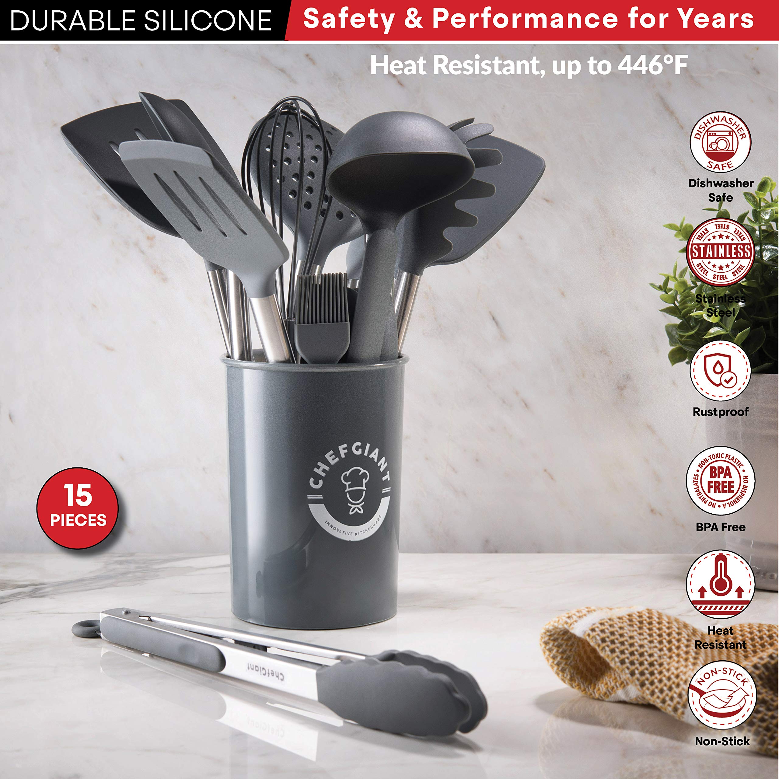 Silicone Cooking Utensils Set - Stainless Steel Handle, 15 Piece Kitchen Utensil Sets | Nonstick, Heat Resistant, BPA Free & Dishwasher Safe | Grey