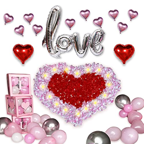 I Love You Valentines Day Decor, Pink /Red Heart-Shaped Balloon and 1300pcs Rose Petals , very suitable for Romantic Decorations Special Night ,Galentines day, Anniversary Party Decoration