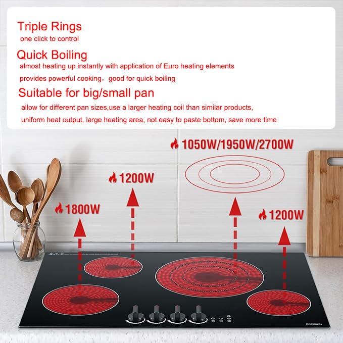 ECOTOUCH Eelectric Cooktop 30 inch 4 Burner 220-240V 6900W, Radiant Electric Cooktop Built-in, 30" Stove Top Knob Control, Timer&Child Safety Lock, for Hard Wire(No Plug), CRAH774A-U