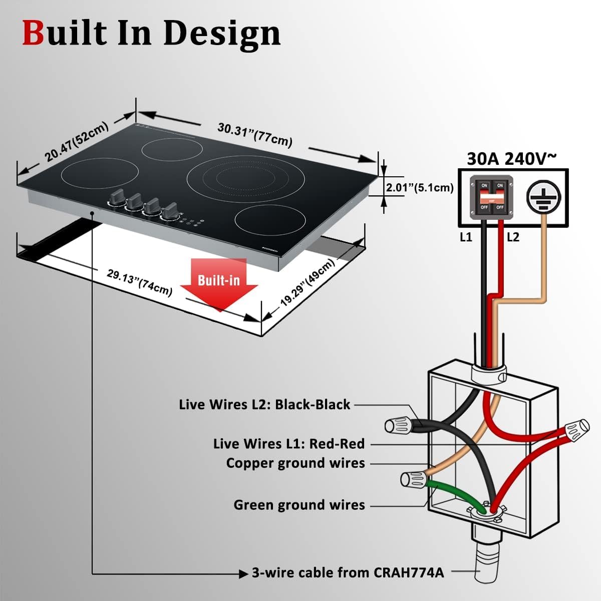 ECOTOUCH Eelectric Cooktop 30 inch 4 Burner 220-240V 6900W, Radiant Electric Cooktop Built-in, 30" Stove Top Knob Control, Timer&Child Safety Lock, for Hard Wire(No Plug), CRAH774A-U