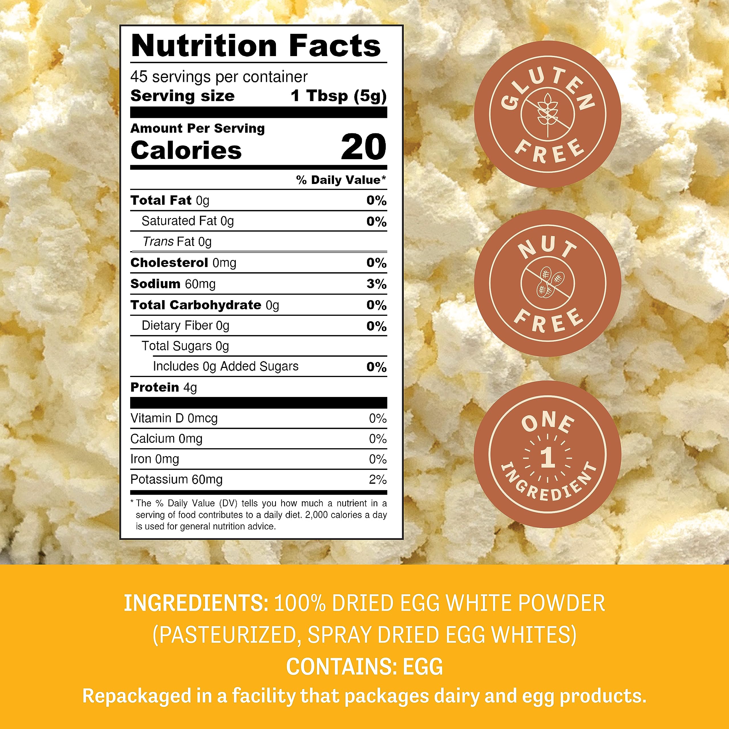 Judee's Gluten Free Dried Pasteurized Egg White Protein Powder 8 oz - USDA Certified Non-GMO - Gluten-Free, Nut-Free - Single Ingredient - Made in USA