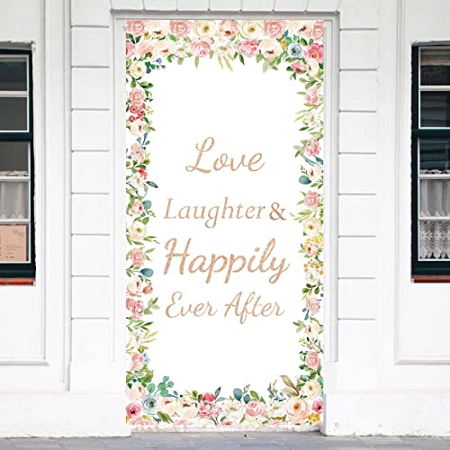 Joyiou Love Laughter Happily Ever After Backdrop Door Banner Decorations, Wedding Engagement Party Gift Sign Supplies, Bridal Shower Door Cover Photo Booth Props Décor