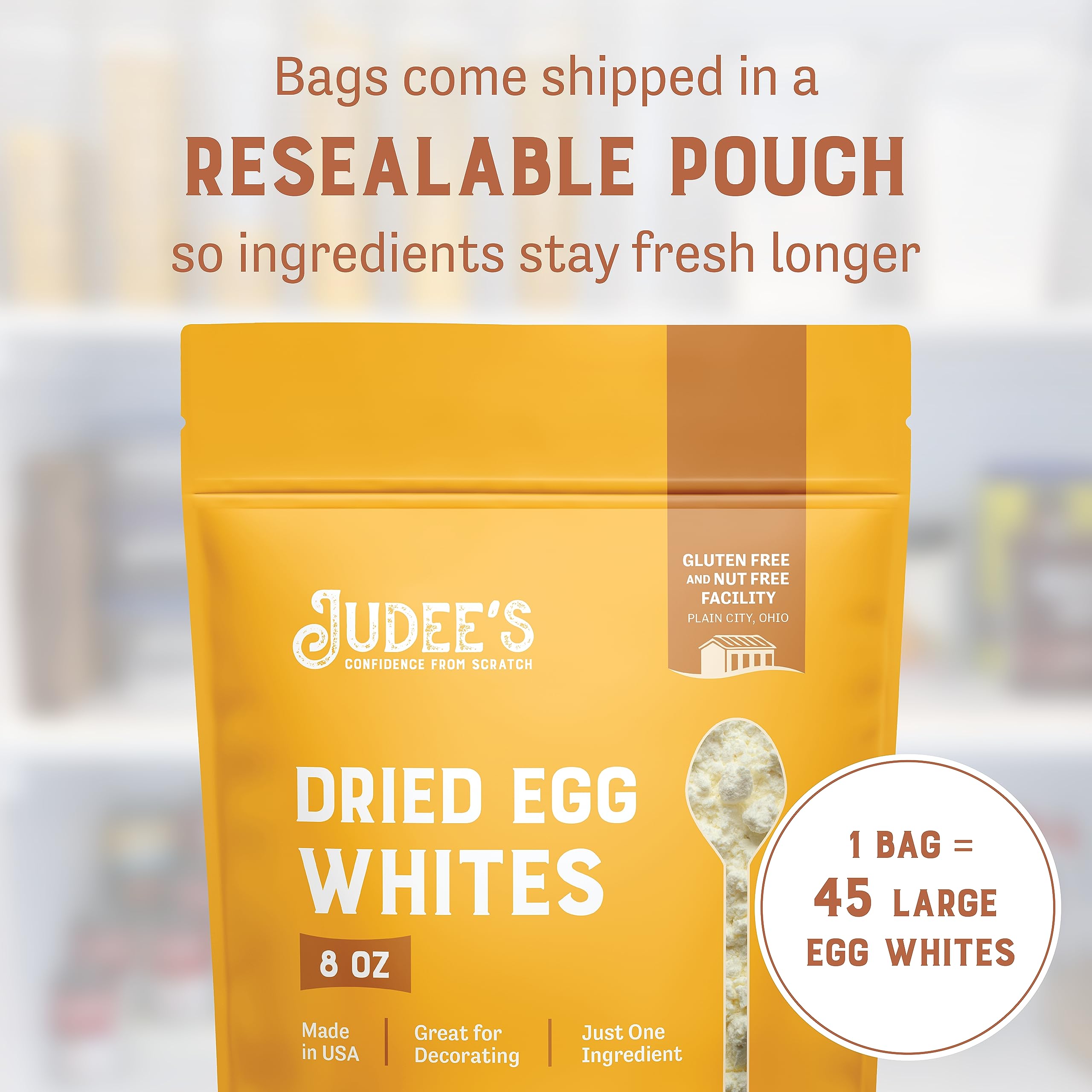 Judee's Gluten Free Dried Pasteurized Egg White Protein Powder 8 oz - USDA Certified Non-GMO - Gluten-Free, Nut-Free - Single Ingredient - Made in USA