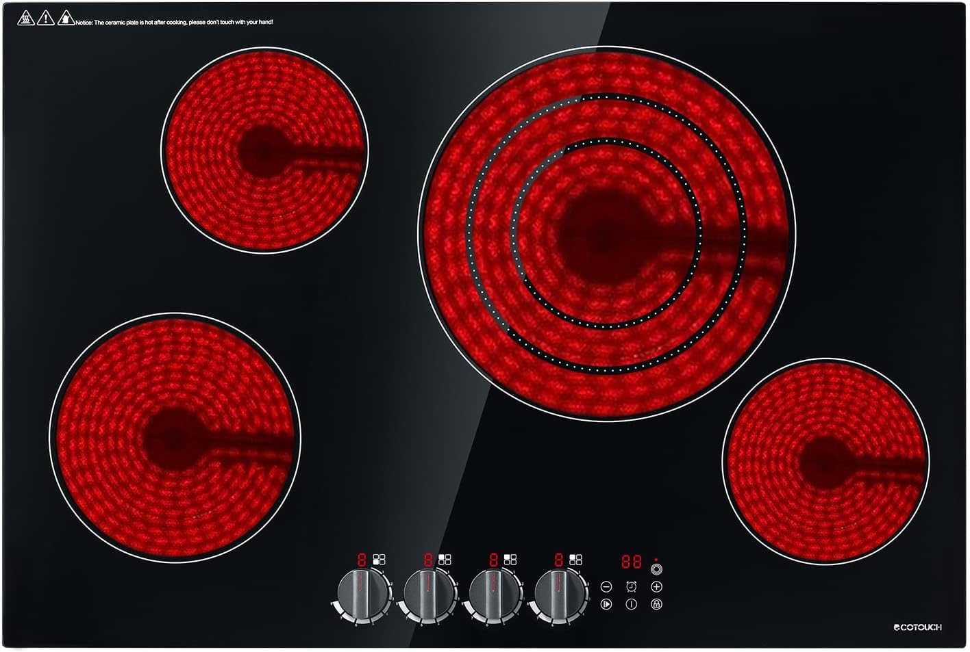 ECOTOUCH Eelectric Cooktop 30 inch 4 Burner 220-240V 6900W, Radiant Electric Cooktop Built-in, 30" Stove Top Knob Control, Timer&Child Safety Lock, for Hard Wire(No Plug), CRAH774A-U