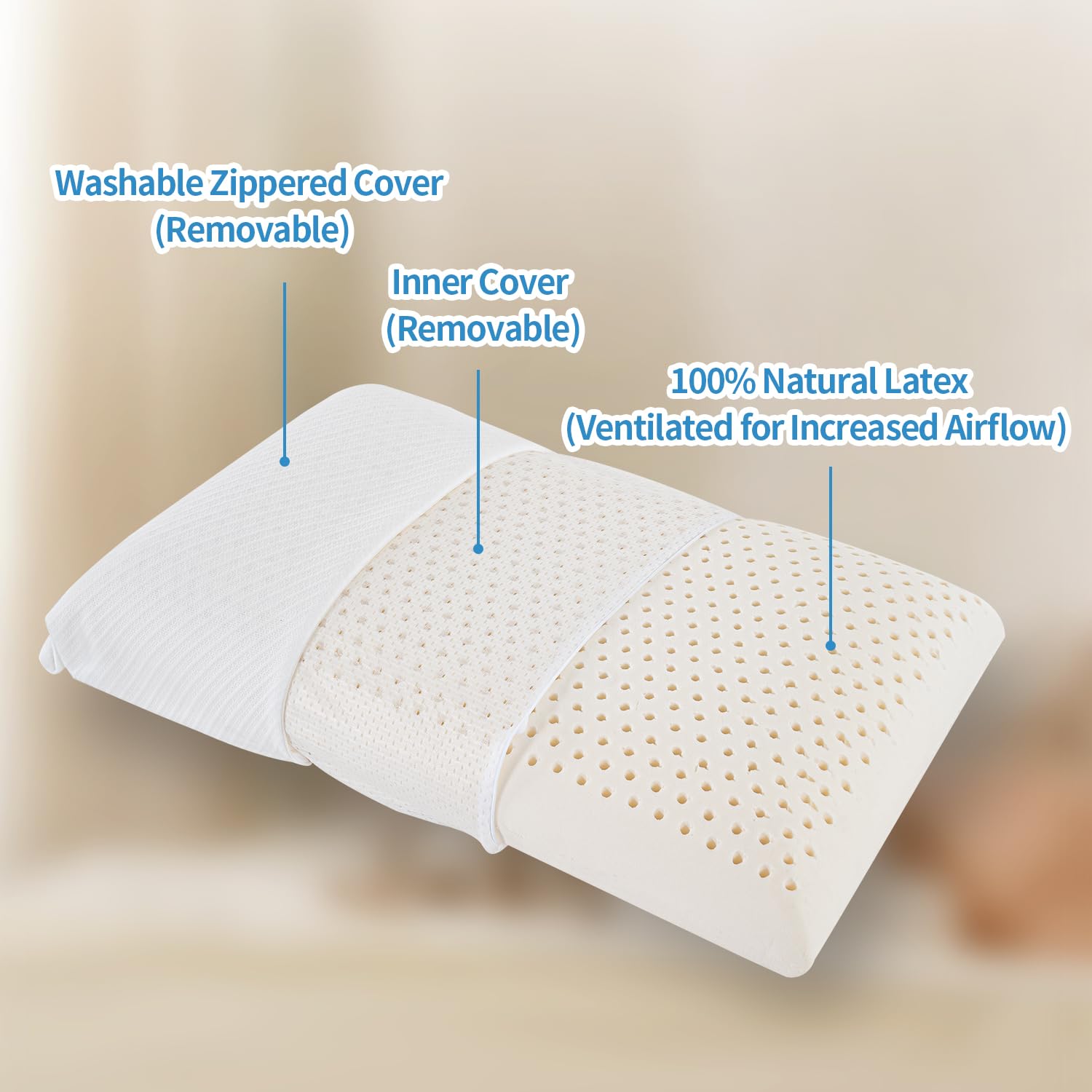 Bed Pillows for Sleeping, Natural Latex Pillow, Bedding Pillow, Soft Pillow with Removable Pillowcase for Back, Stomach or Side Sleepers, M21-11-MBZ