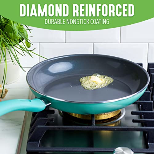 GreenLife Soft Grip Diamond Healthy Ceramic Nonstick, 7" and 10" Frying Pan Skillet Set, PFAS-Free, Dishwasher Safe, Turquoise