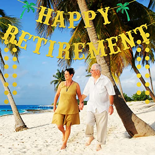 Beach Retirement Party Decorations, Gold Glitter Happy Retirement Banner & Circle Dots Garland, Beach Theme Going Away Farewell Party Decorations, Summer Beach Theme Retired Banner for Men Women Retirement Party Decor