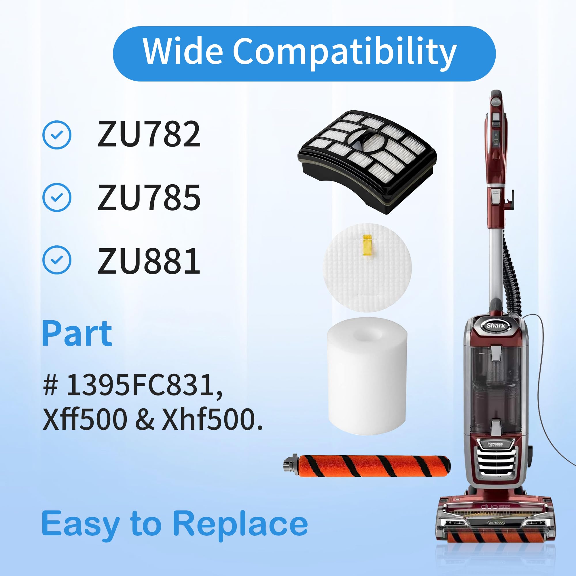 Amyehouse Hepa Foam & Felt Filter Brushroll Replacement Kit for Shark Rotator Professional Lift-away DuoClean Vacuum ZU780 ZU782 ZU785, Replaces Part # 1395FC831 & Xff500 & Xhf500